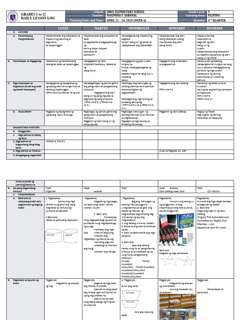 Dll Filipino 5 q4 w4 | PDF