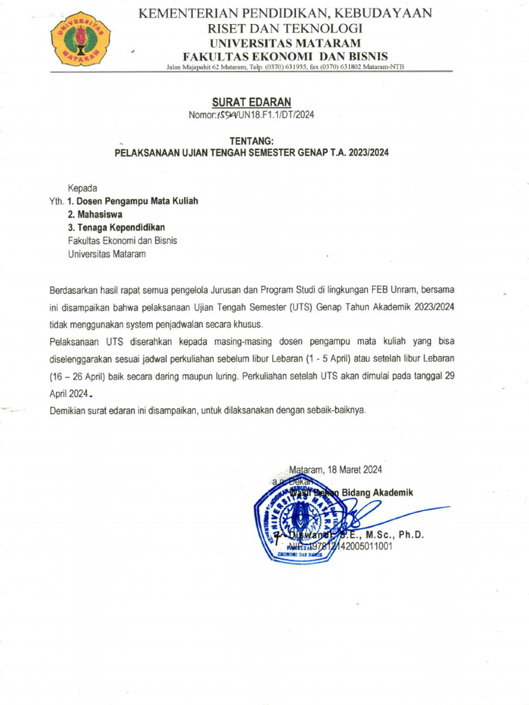 Surat Edaran Pelaksanaan UTS Semester Genap T.A 2023.2024 | PDF