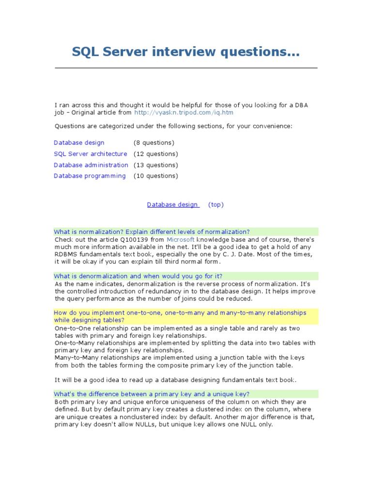 SQL Server Interview Questions | PDF | Database Index | Microsoft Sql Server