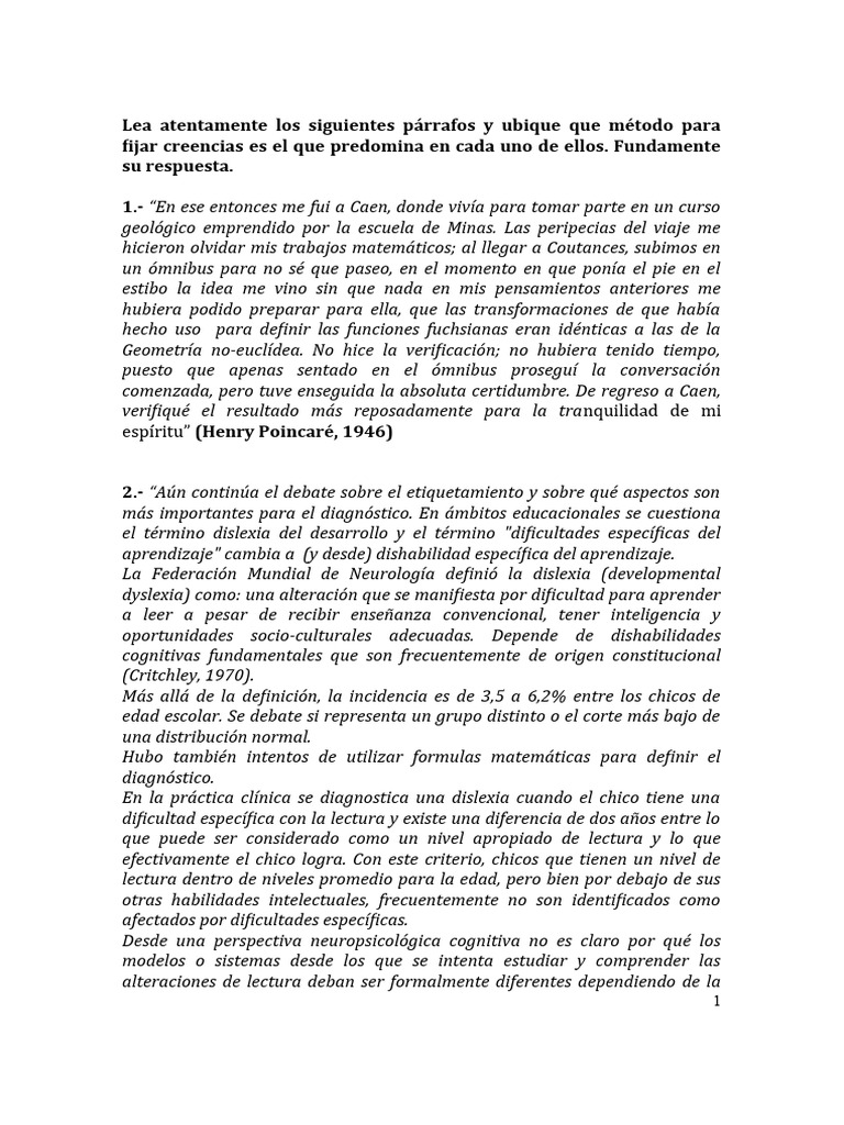Métodos para Fijar Creencias. Ejercicios | PDF | Psicoanálisis ...