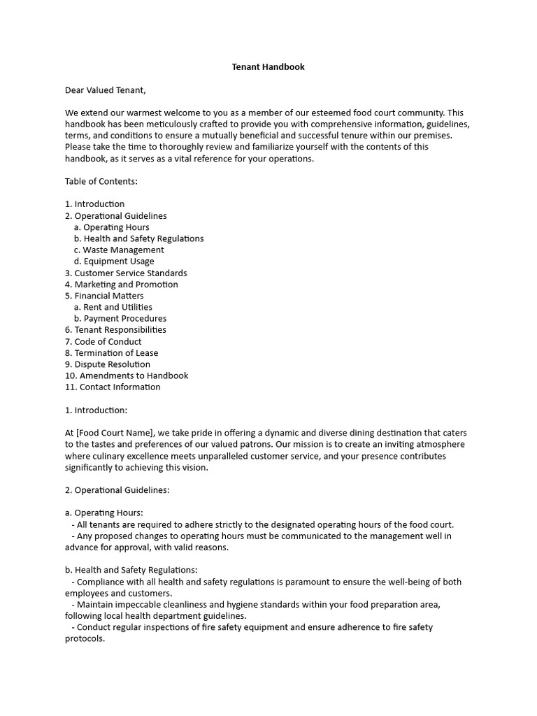 Food Court Tenant Handbook | PDF | Lease | Occupational Safety And Health