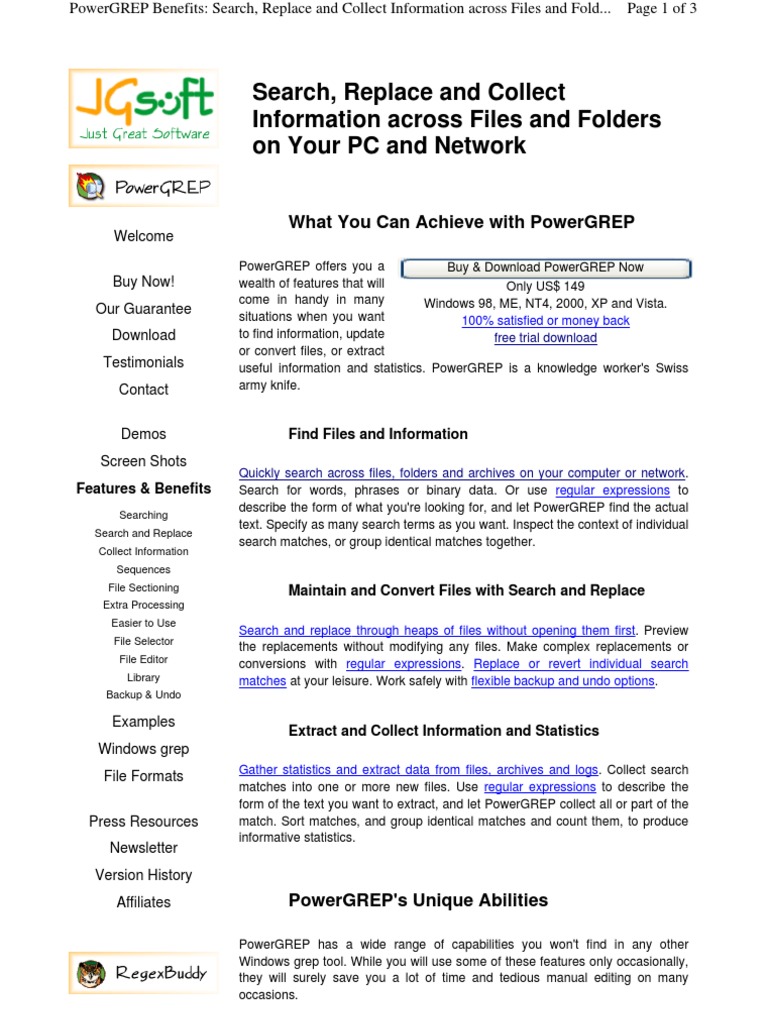 PowerGrep Features & Benefits | PDF | Regular Expression | Computer File