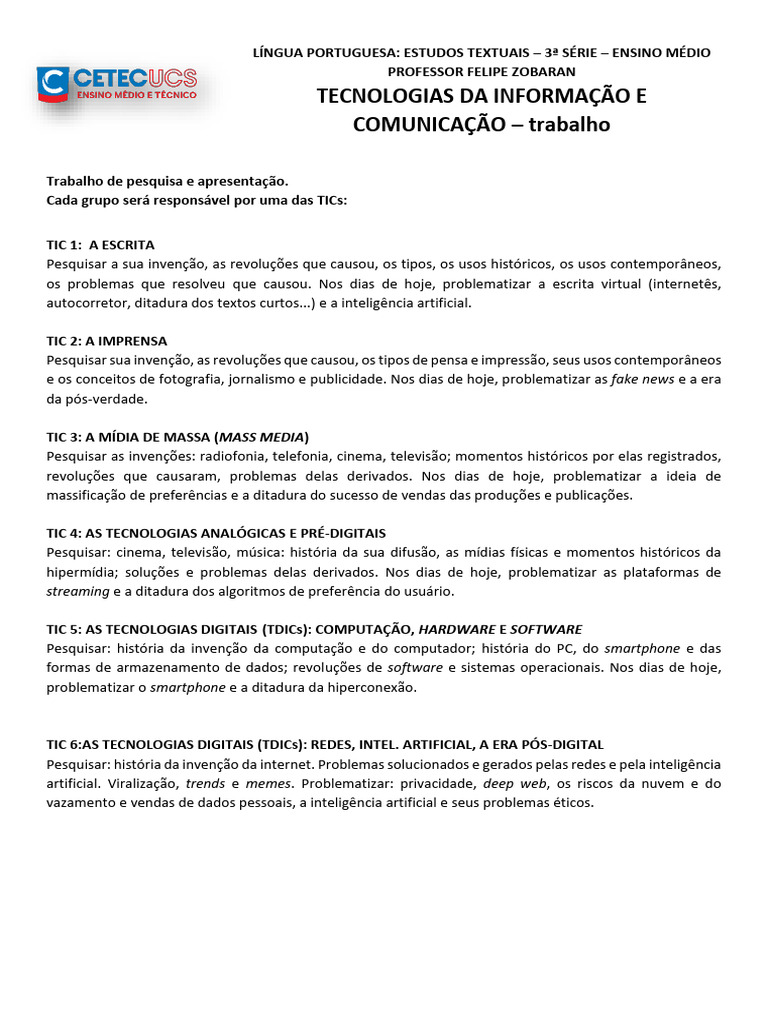 Port. 1o Tri. Atividade 2 - Trabalho TICs e TDICs | PDF | Tecnologia da ...