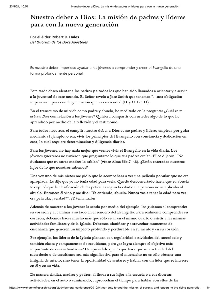 Nuestro Deber A Dios - La Misión de Padres y Líderes para Con La Nueva ...