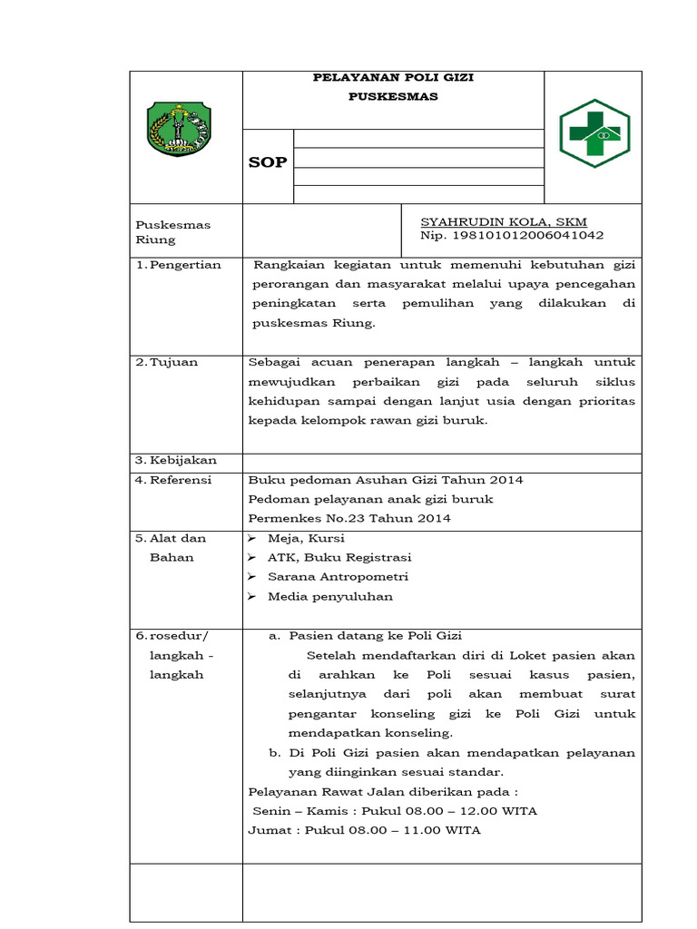 SOP Poli Gizi | PDF | Pengembangan Diri | Kesehatan Holistik