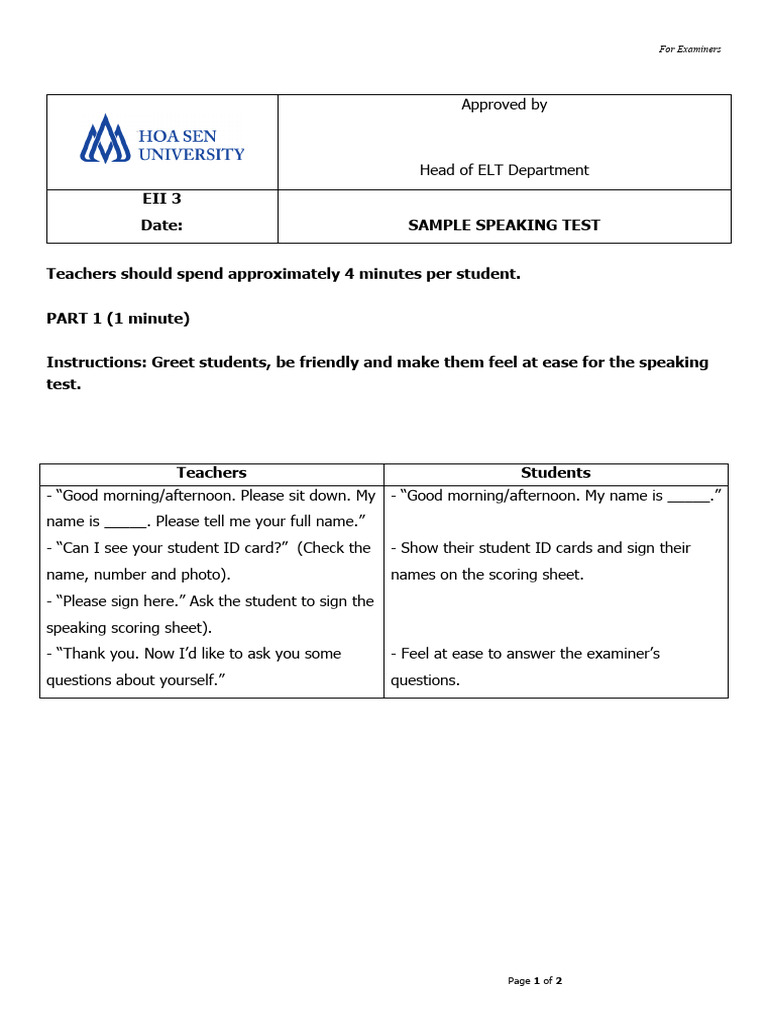 Sample Speaking Test - Eii 3 | PDF | Behavior Modification | Cognition