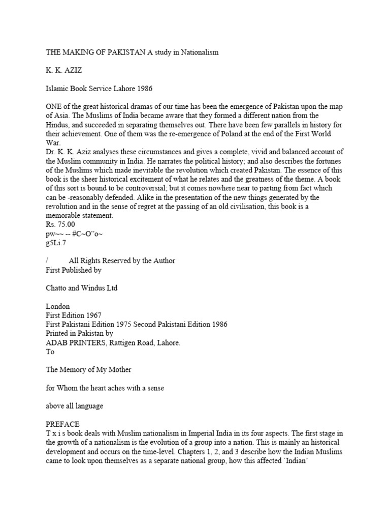 1the Making of Pakistan, A Study in Nationalism by K.K. Aziz | PDF ...