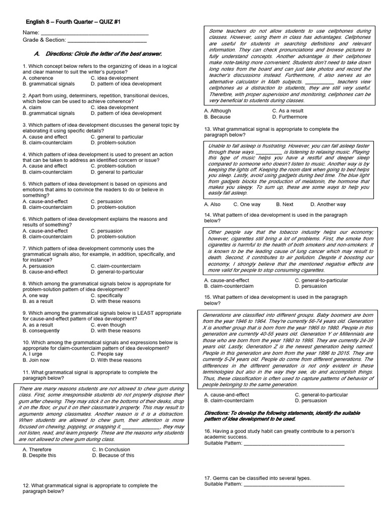 Quiz on Patterns of Idea Development | PDF | Smoking