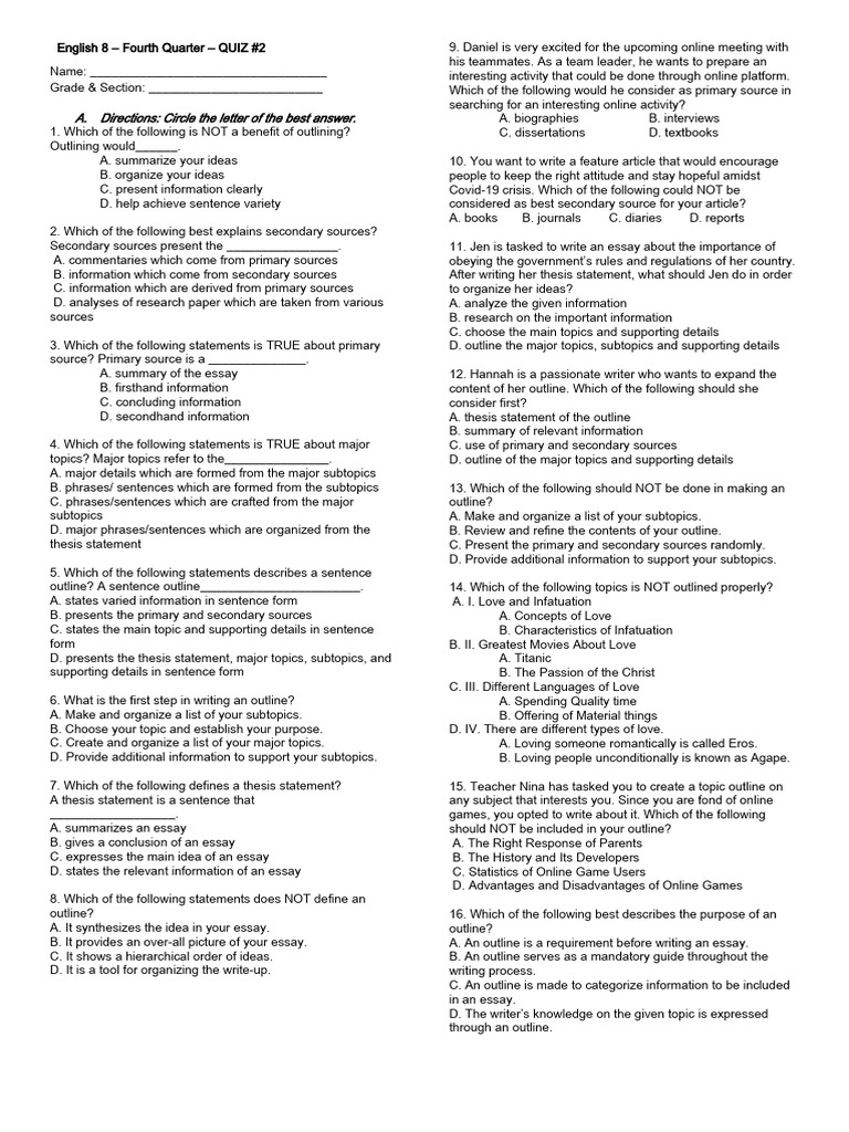 Quarter 4 Quiz #2- outling-primary-secondary sources | PDF | Essays ...