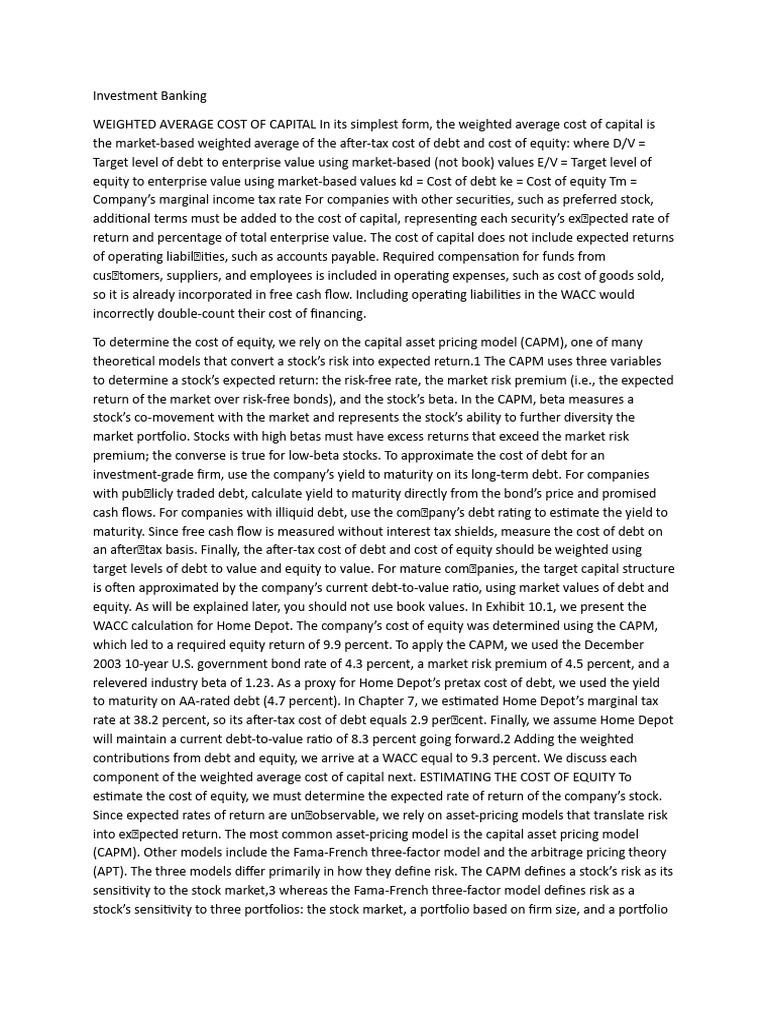 Investment Banking Pdf Cost Of Capital Capital Asset Pricing Model