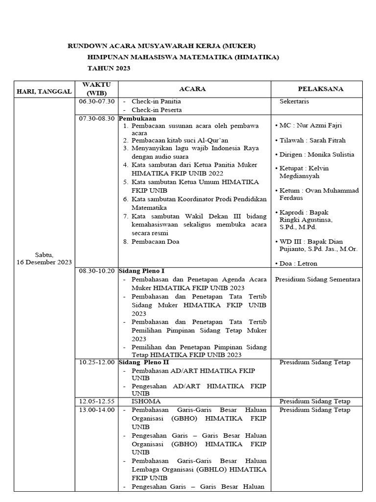 Rundown Acara Musyawarah Kerja 2023 | PDF
