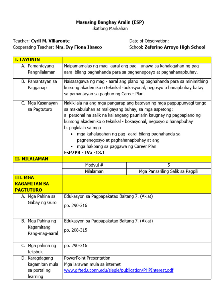 ESP 7 - Pansariling Salik for activity RAMPA | PDF