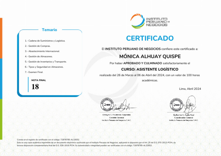 Certificado de Asistente Logístico | PDF