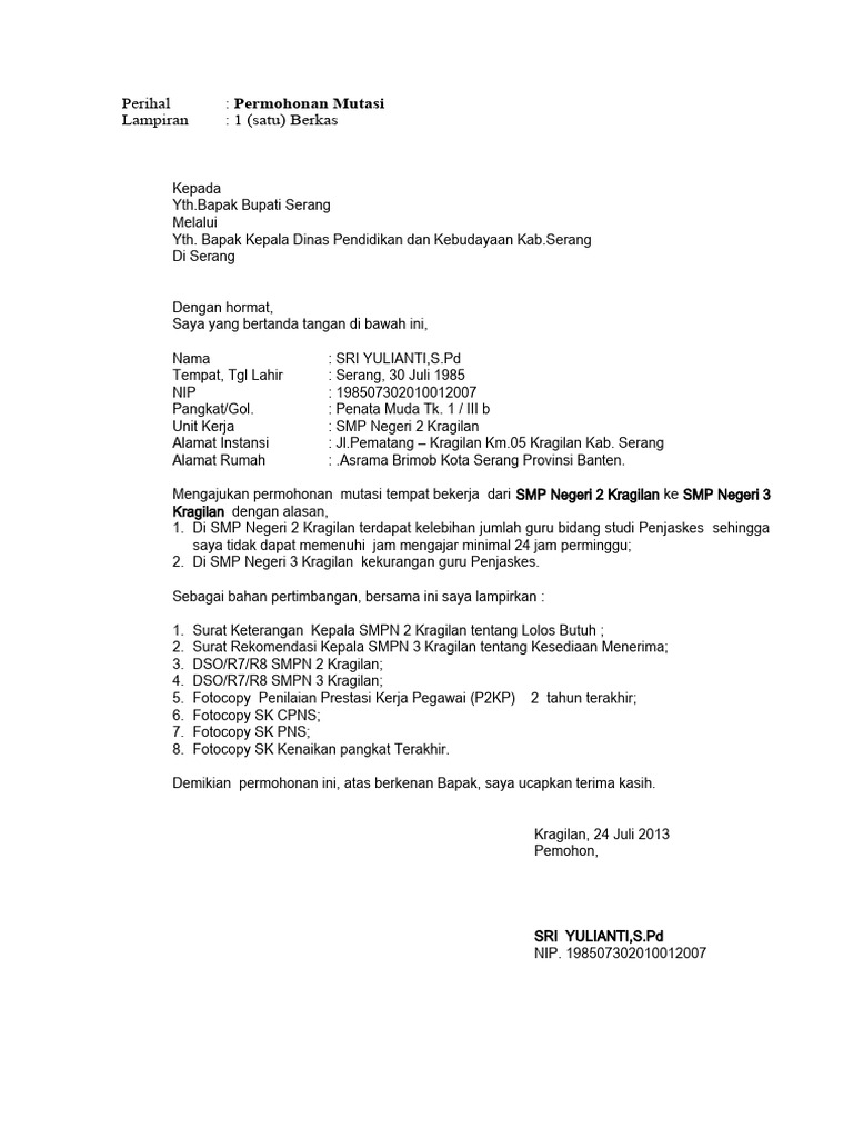 Contoh Surat Permohonan Mutasi | PDF