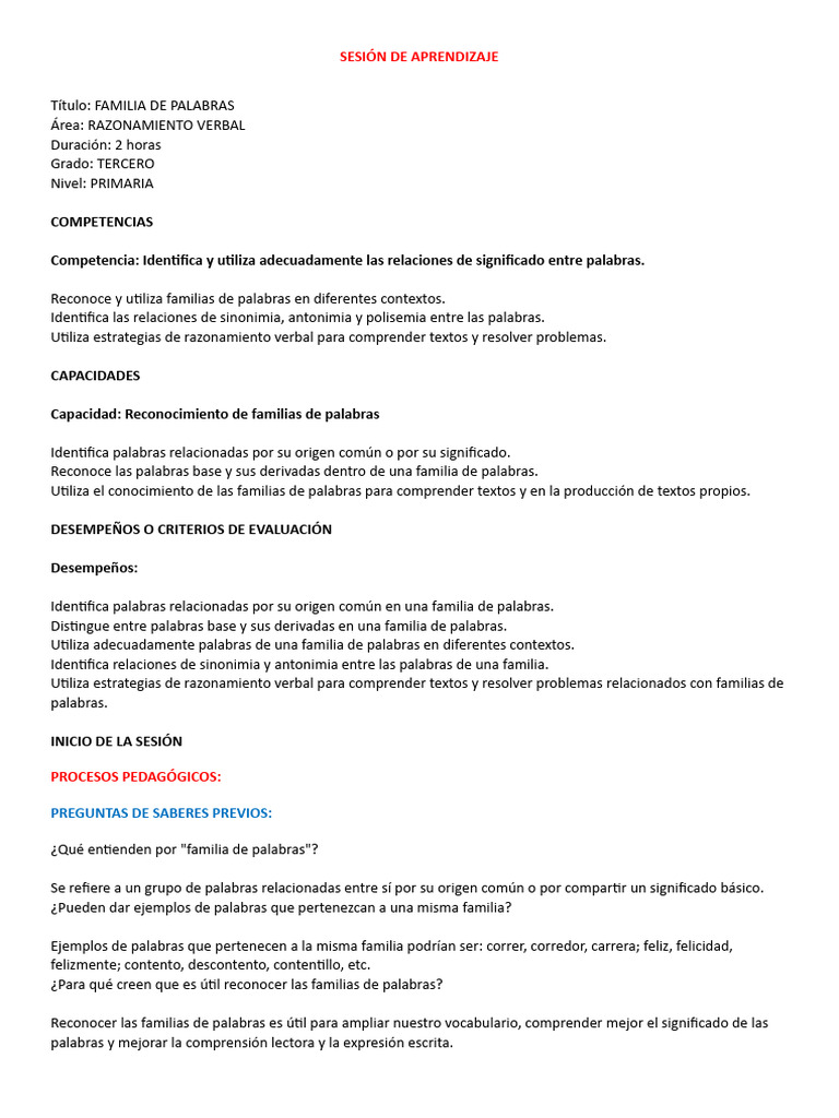 SESION 2024 FAMILIA DE PALABRAS RV 3ERO PRIMARIA | PDF | Palabra ...