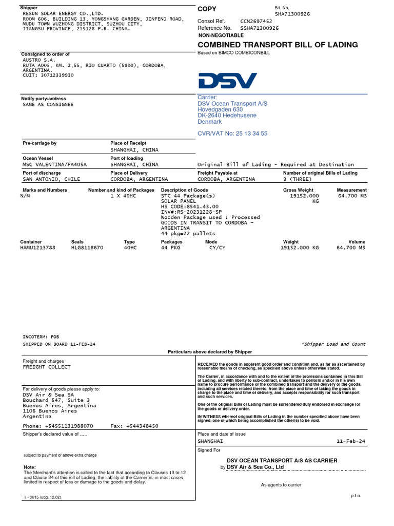 DSV BIM Bill of Lading - SHA71300926 | Download Free PDF | Cargo | Bill ...