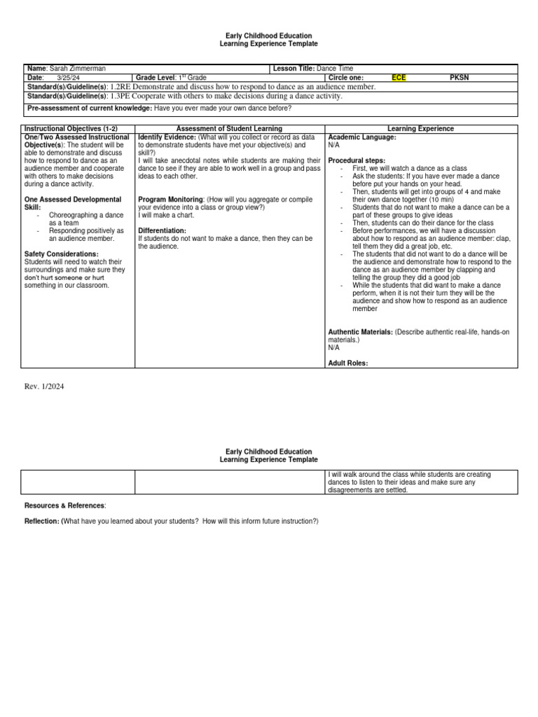 Motion Dance Lesson Plan-Zimmerman | PDF | Early Childhood Education ...