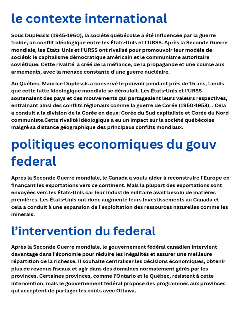 Contexte socio-économique du Québec (1945-1960) | PDF | Canada | Québec