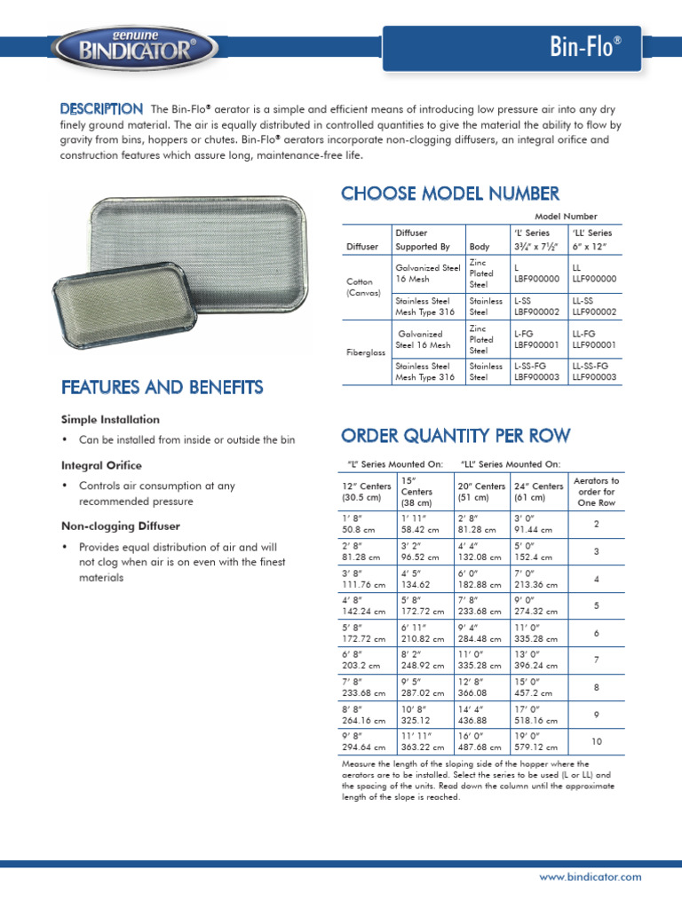 Bin Flo Aerator Specification Sheet | PDF | Stainless Steel | Steel