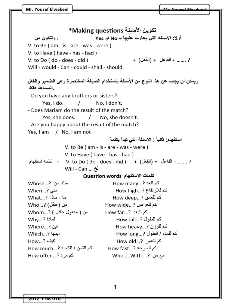 Making questions تكوين الأسئلة | PDF | Home & Garden