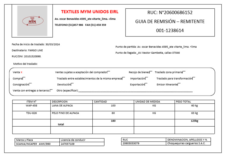 Guía de Remisión de Textiles MYM | PDF