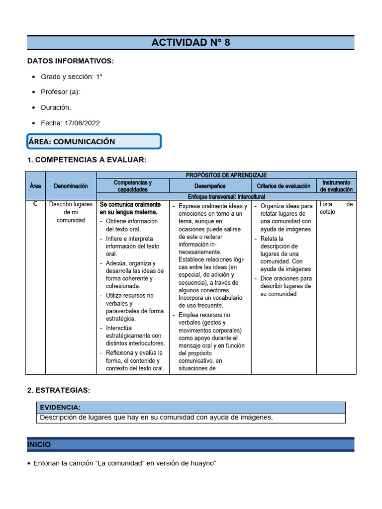 Describo Lugares de Mi Comunidad | Descargar gratis PDF | Evaluación ...