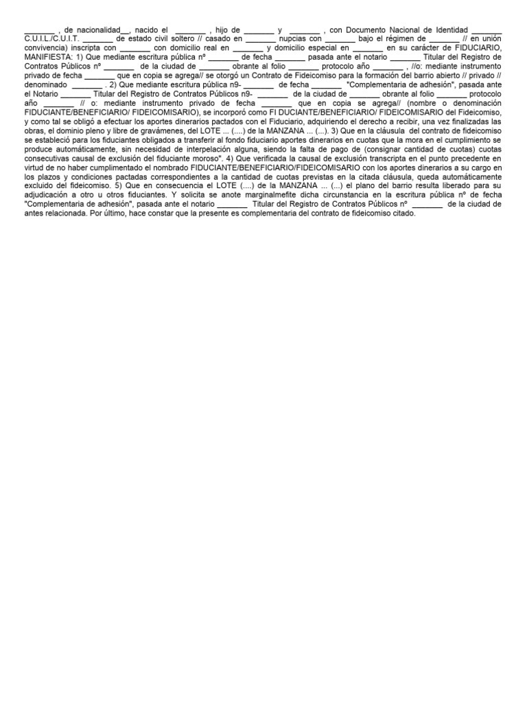 Exclusión Automática de Fiduciante (En Escritura Pública o Instrumento Privado Según Corresponda ...