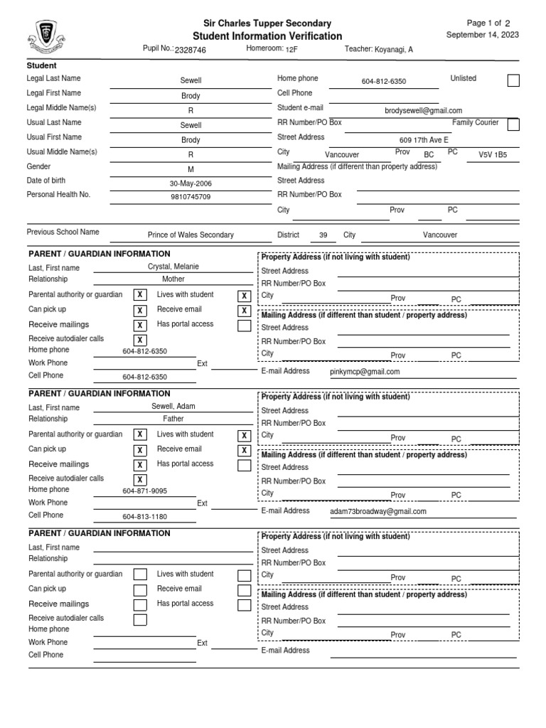 BC Student Information Verification Form | PDF | Email Address
