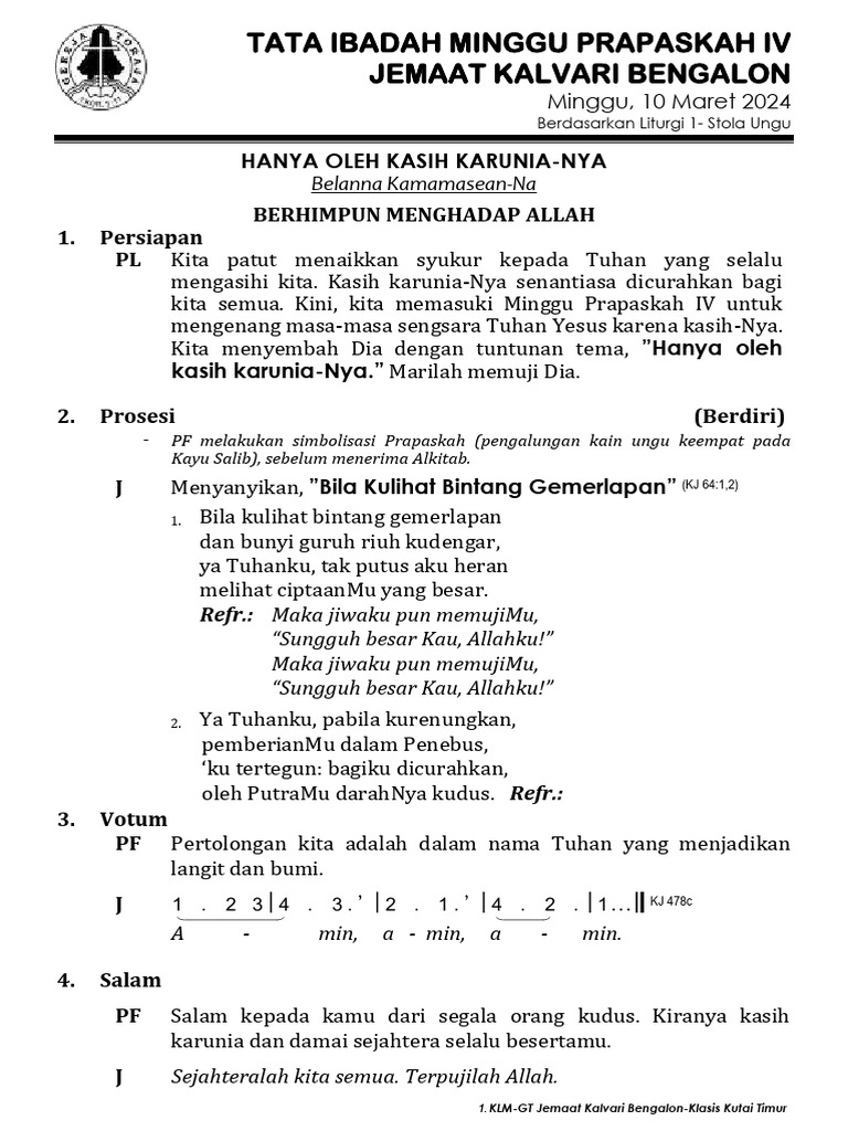 Tata Ibadah Hari Minggu Prapaskah IV, 10 Maret 2024 Lit. 1 | PDF ...
