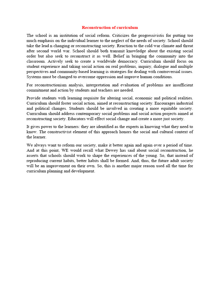 Reconstruction of Curriculum | PDF