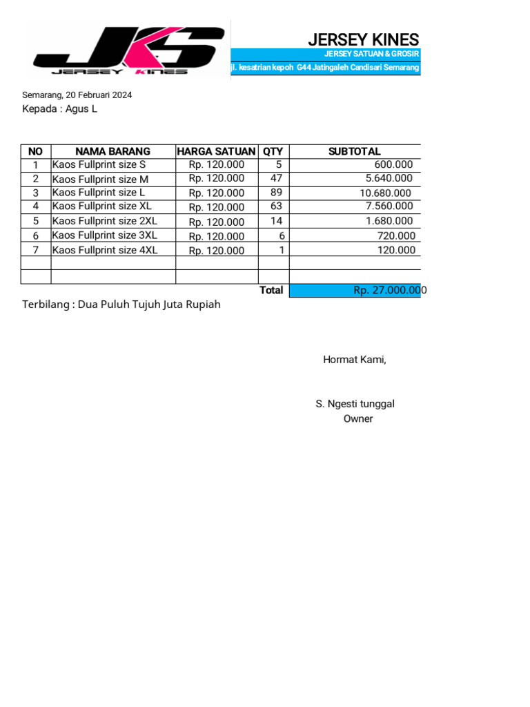 Nota Pembelian Jersey Kines Semarang | PDF