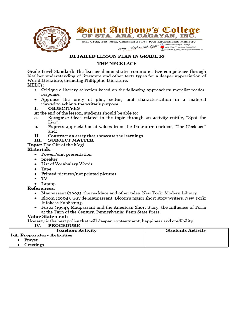 The Necklace | PDF | Lesson Plan | Experience