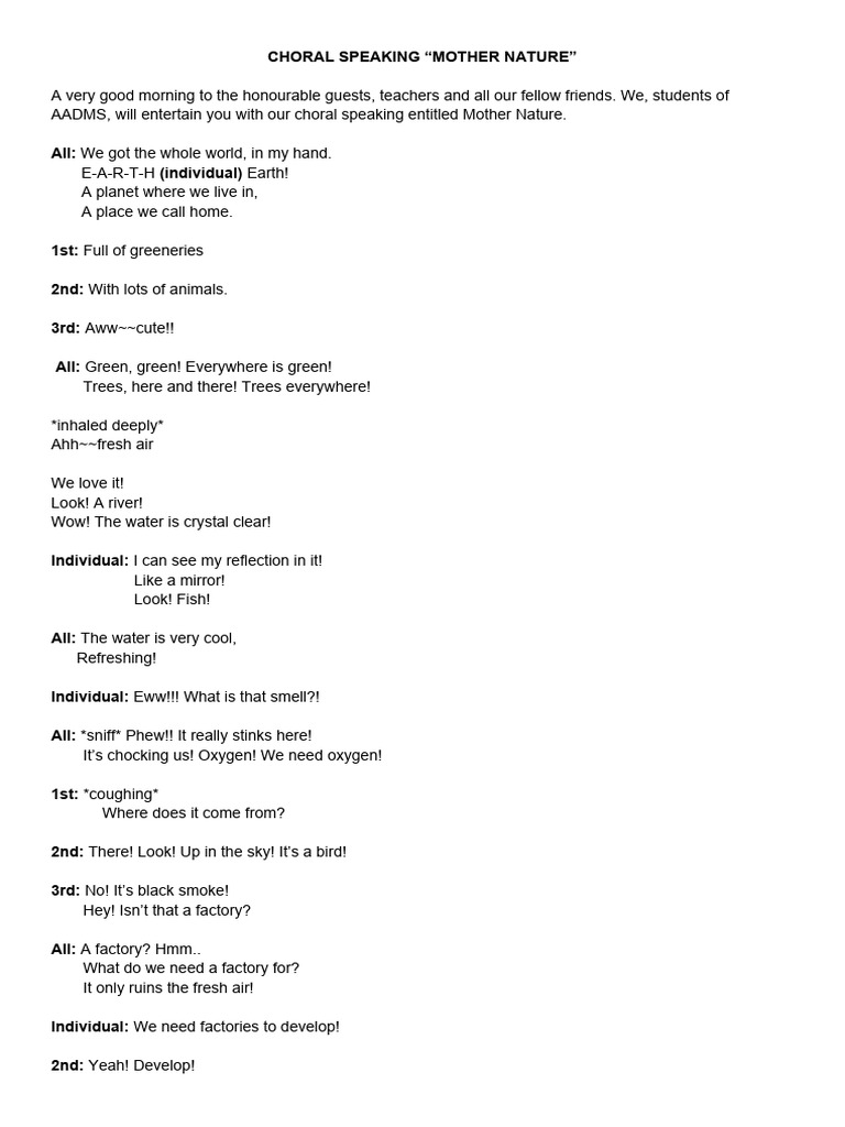 Choral Speaking: Mother Nature Script | PDF | Language Arts ...