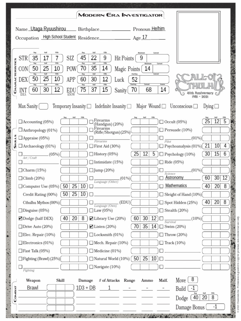 Utaga Ryuushirou Charsheet | PDF