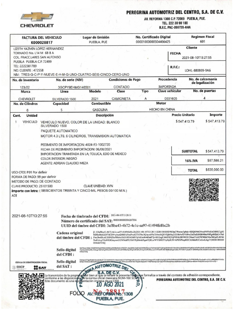 Factura de Origen Chevrolet Silverado 1500 Conpa Licho | PDF