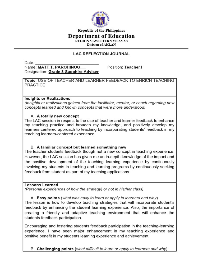 LAC REFLECTION JOURNAL - Ashguifiles | PDF | Learning | Teachers