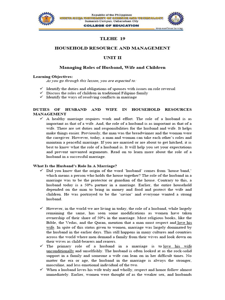 TLEHE 19 Unit II Managing Roles Os Husband Wife and Children | Download Free PDF | Marriage ...