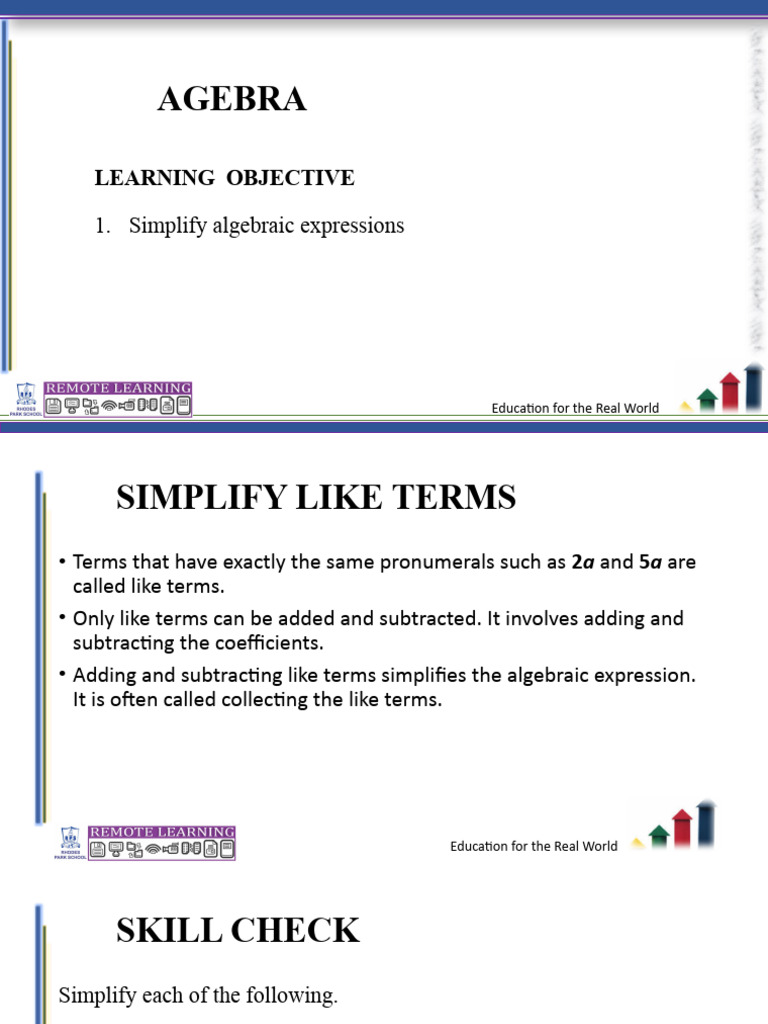 Simplifying Algebraic Expressions Guide | PDF | Algebra | Mathematical ...