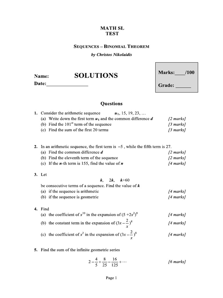 TEST 1. Sequences-Binomial Theorem (SOLUTIONS) | PDF