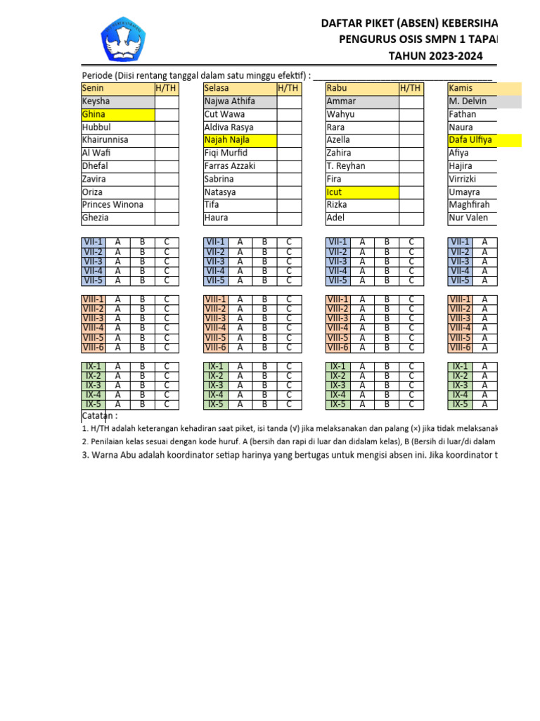 Absen Piket Kebersihan OSIS 2023.2024 | PDF