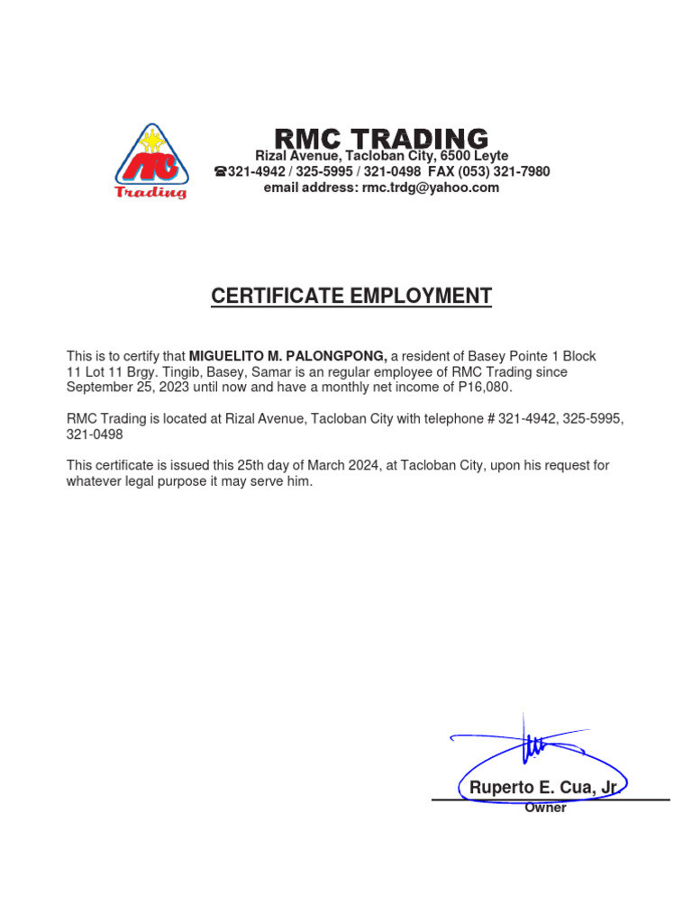 RMC Trading Cert. of Employment | PDF