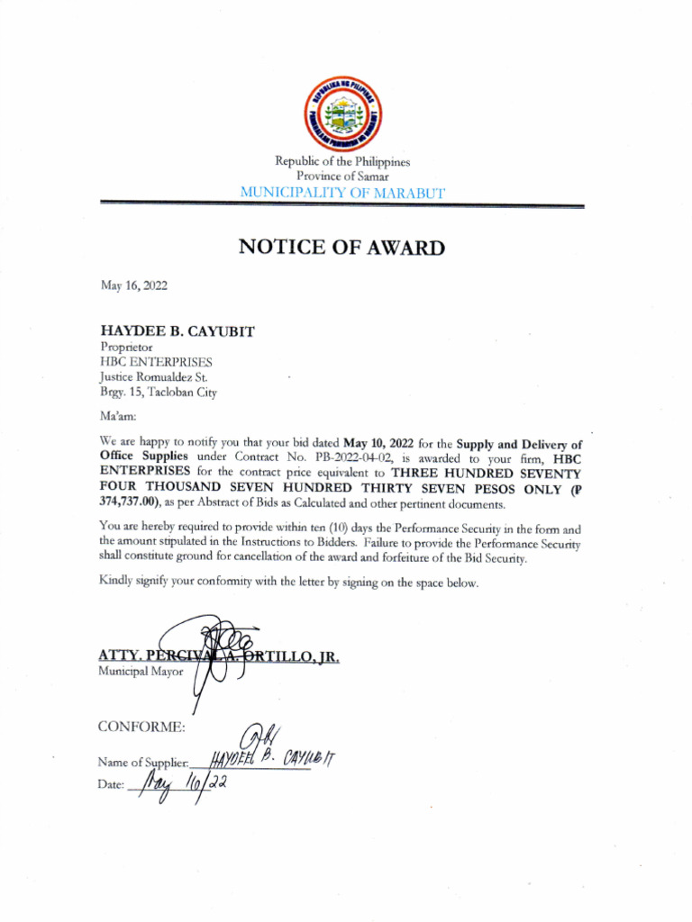 Notice of Award for Office Supplies Contract | PDF