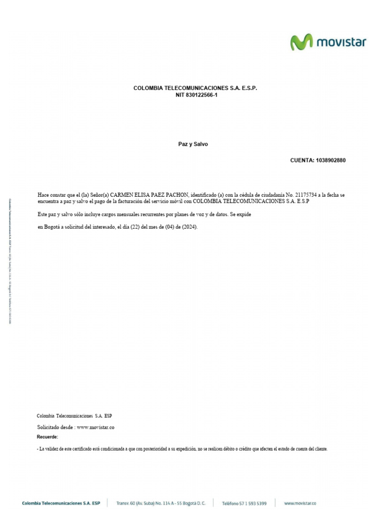 Paz y Salvo Movistar | PDF