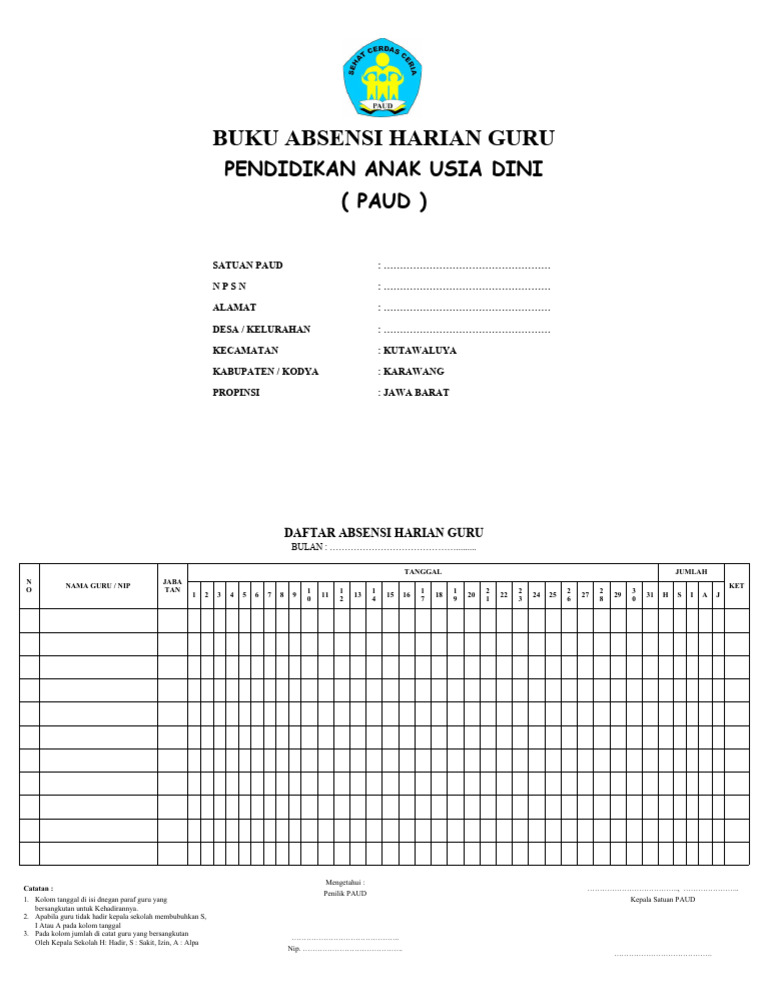 E04. Contoh Buku Absensi Harian Guru | PDF