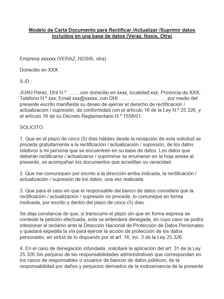 Modelo de Carta Documento Para Rectificar Datos Personales (Habeas Data ...