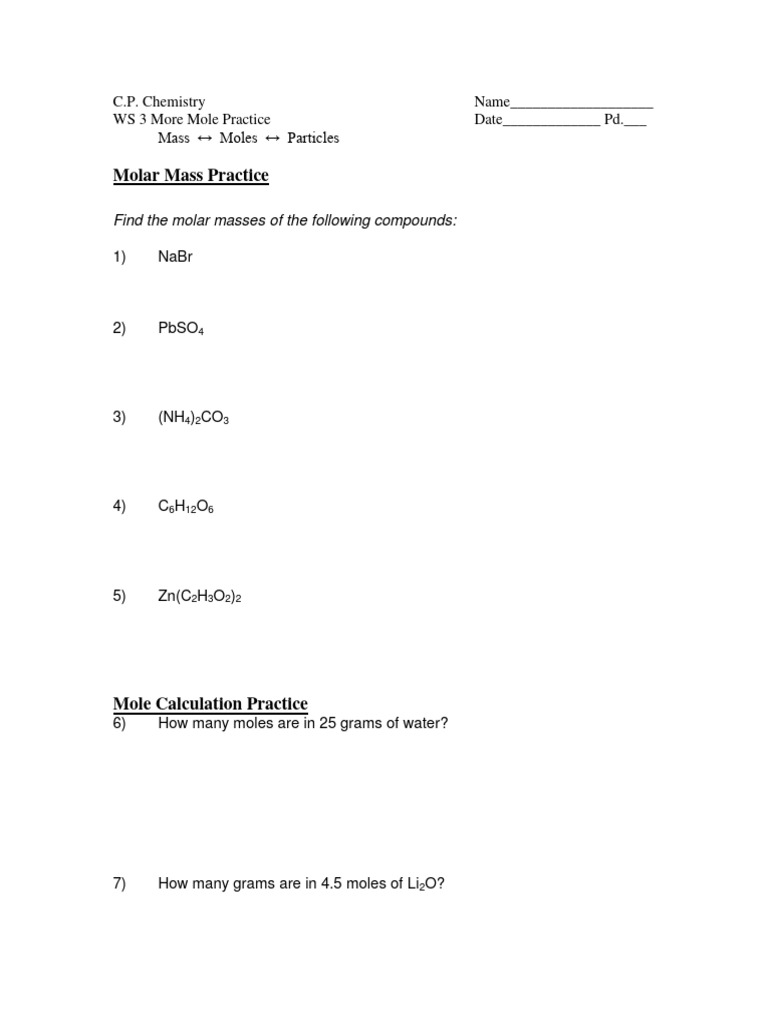 Mole Calculation Practice | PDF