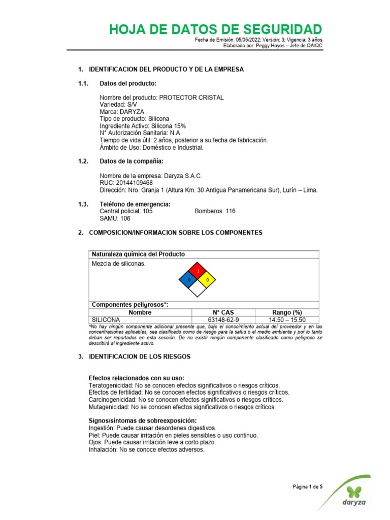 Hoja de Seguridad Protector Cristal Daryza - Silicona | PDF | Efecto adverso | Residuos