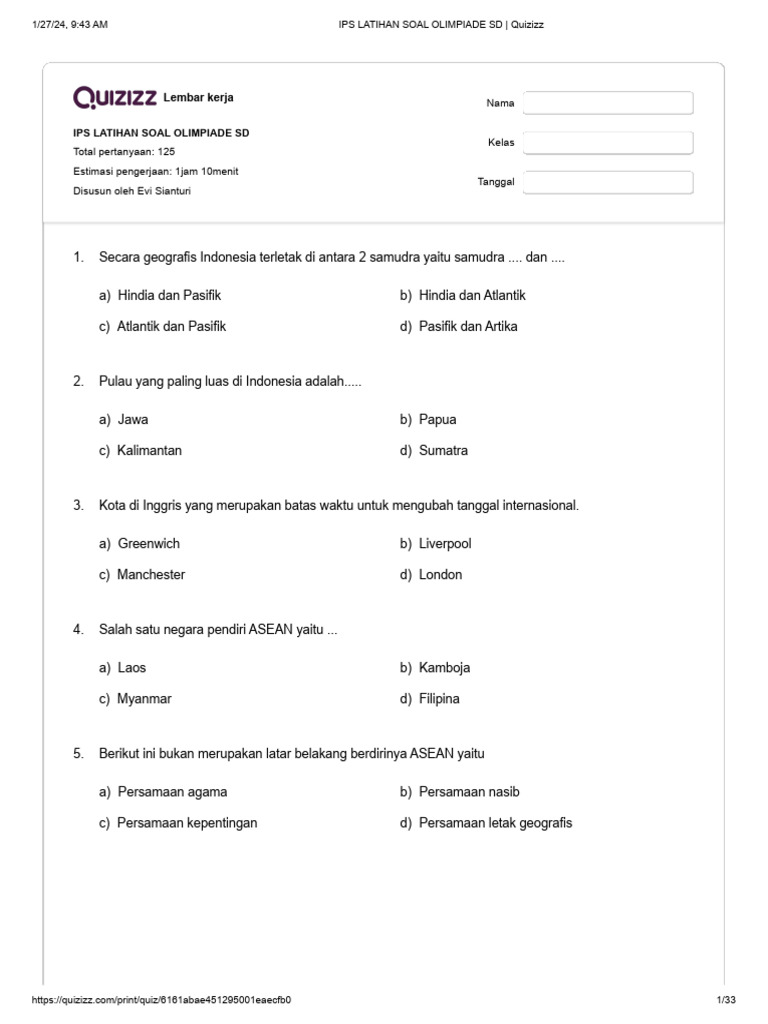 Soal Olimpiade IPS SD dan Jawabannya | PDF