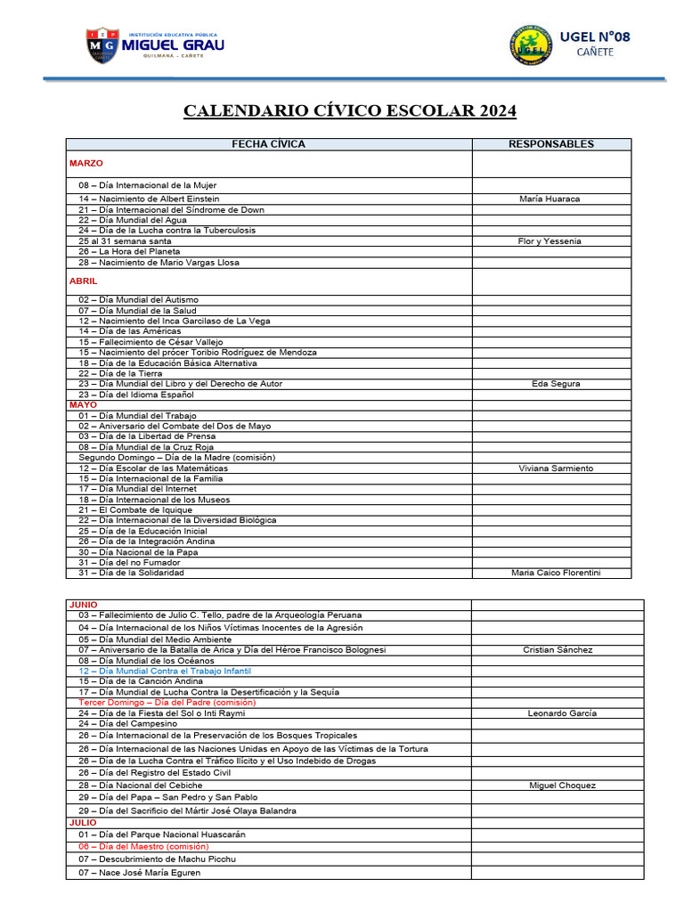 9 CALENDARIO CIVICO ESCOLAR 2024.DDC | PDF | Perú