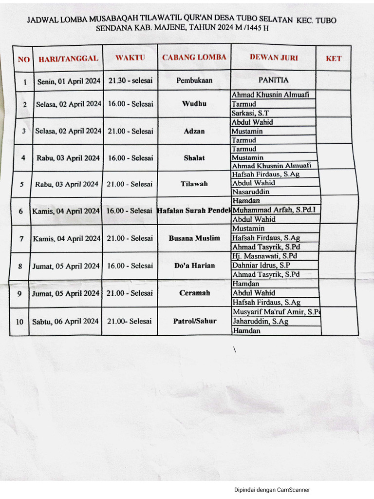 JADWAL LOMBA MTQ | PDF